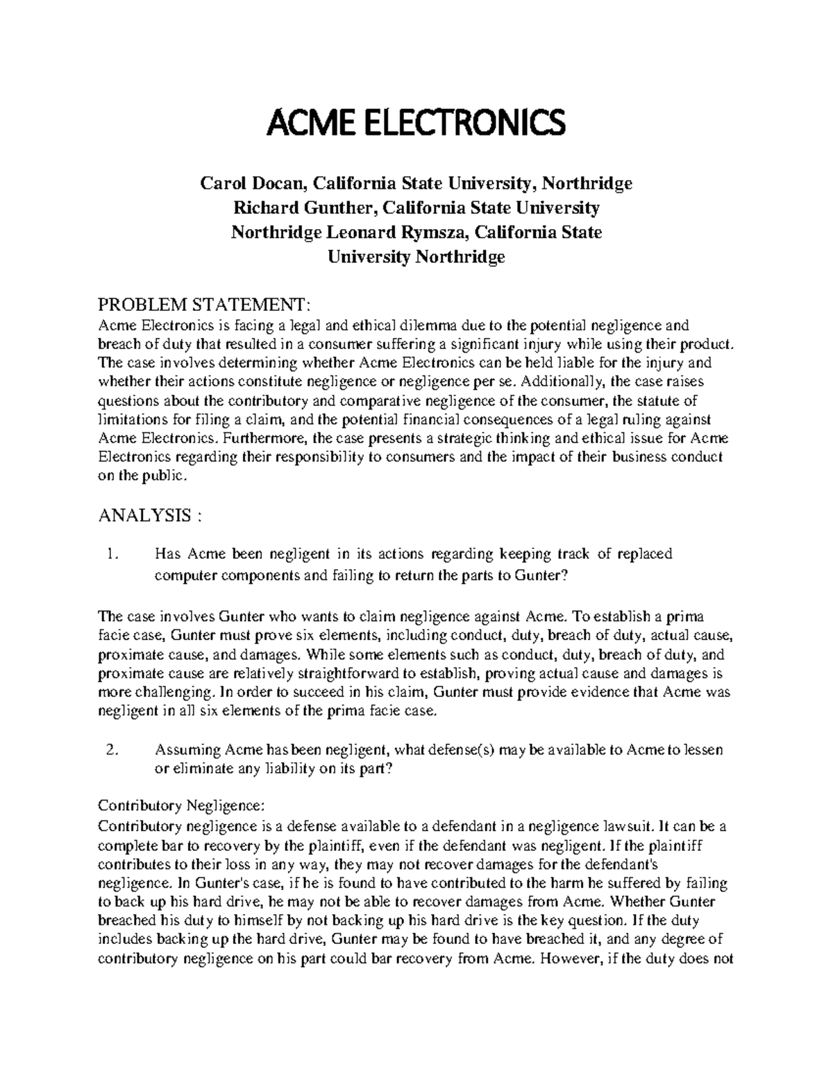 ACME Electronics - ACME ELECTRONICS Carol Docan, California State ...