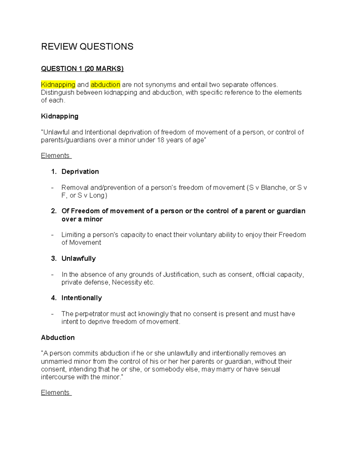 Criminal LAW Review Questions - REVIEW QUESTIONS QUESTION 1 (20 MARKS ...