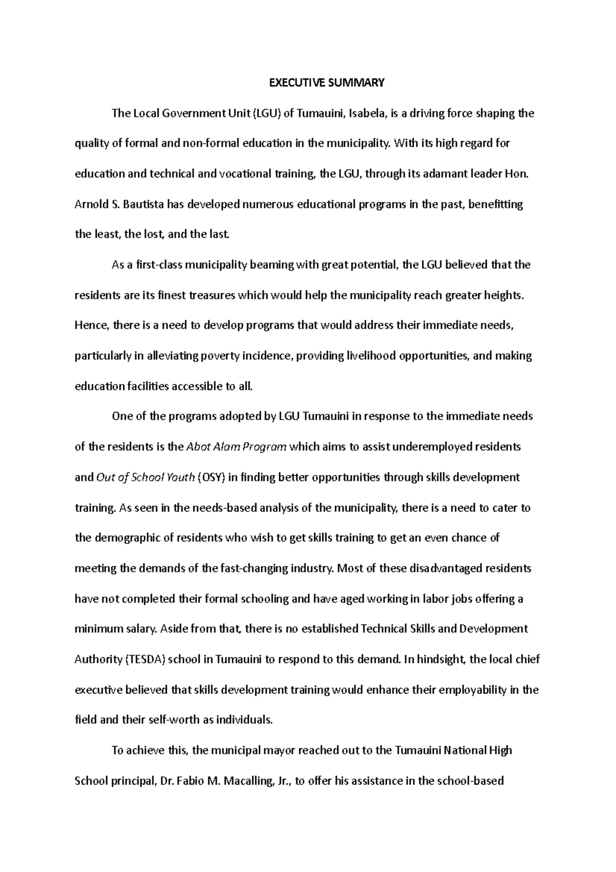 LGU Tumauini - NLA - Yes - EXECUTIVE SUMMARY The Local Government Unit ...