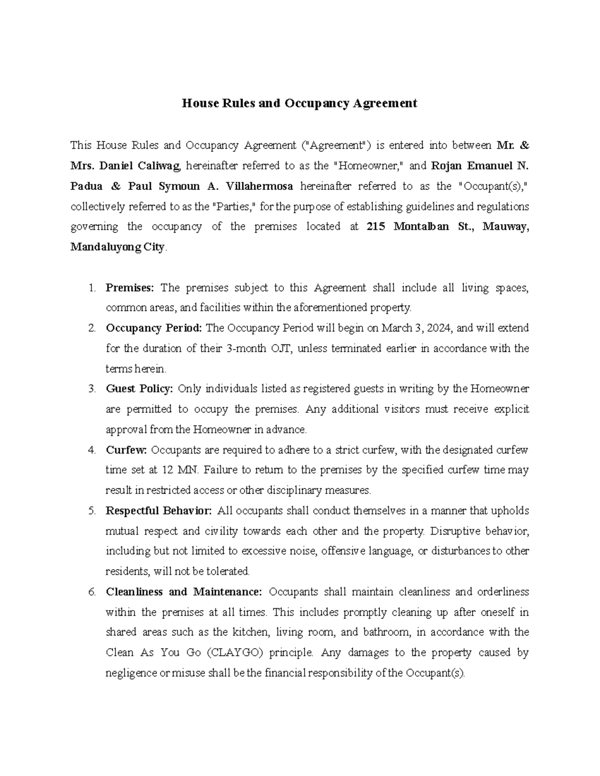 House Rules and Occupancy Agreement - & Mrs. Daniel Caliwag ...