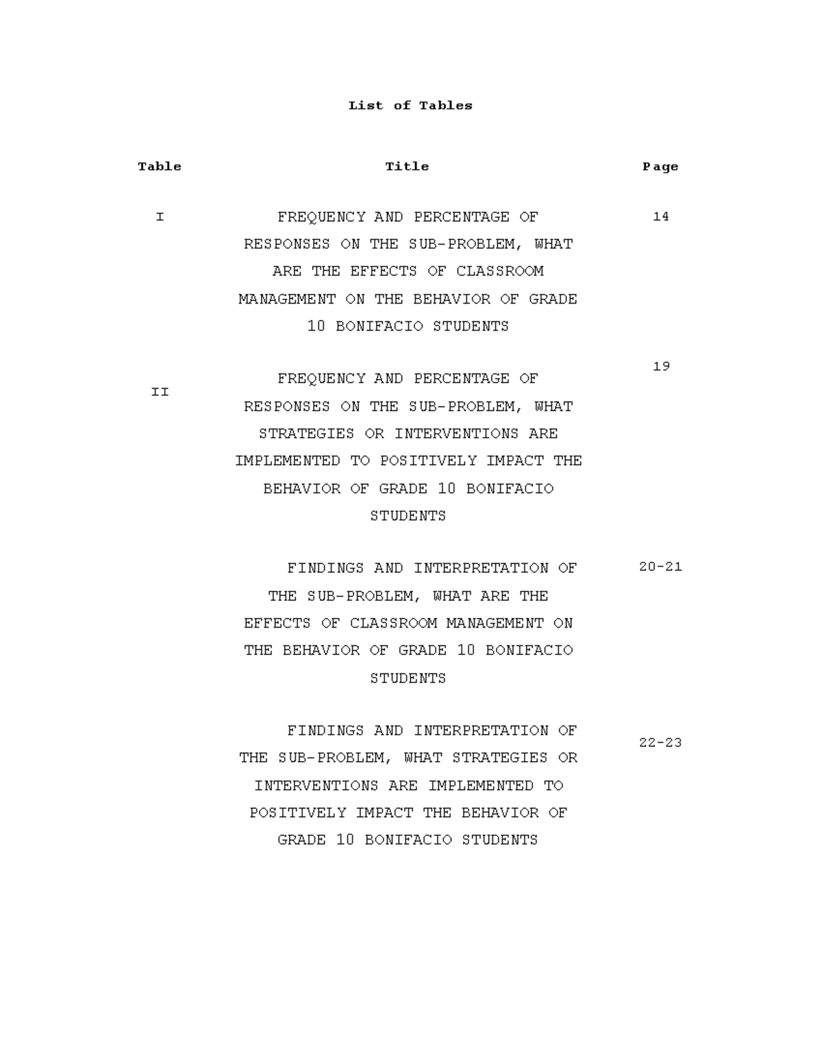 List of Tables - List of Tables Table Title Page I II FREQUENCY AND ...