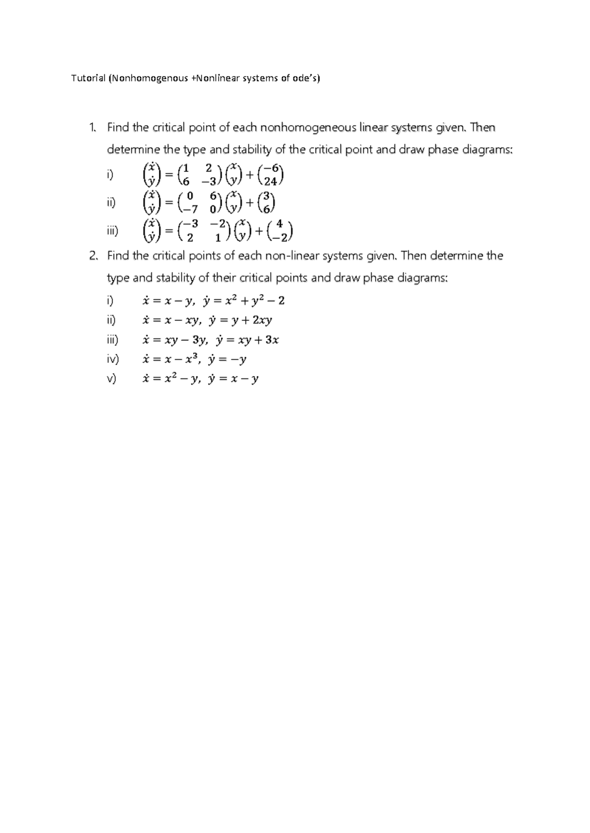 Tutorial On Two Dimensional Nonlinear Systems Tutorial Nonhomogenous
