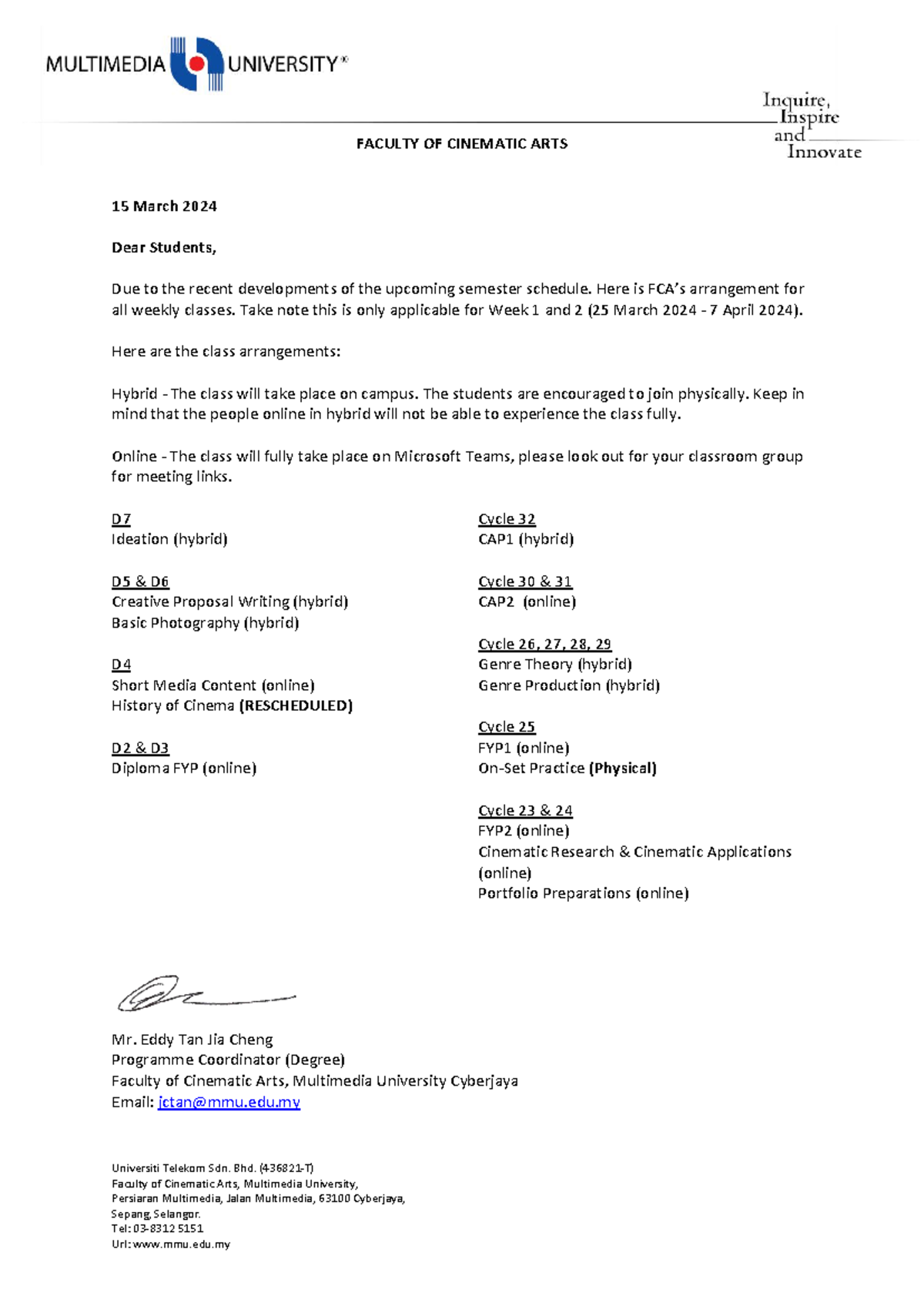 FCA Week 1 & 2 Class Announcement 2410 - Universiti Telekom Sdn. Bhd ...