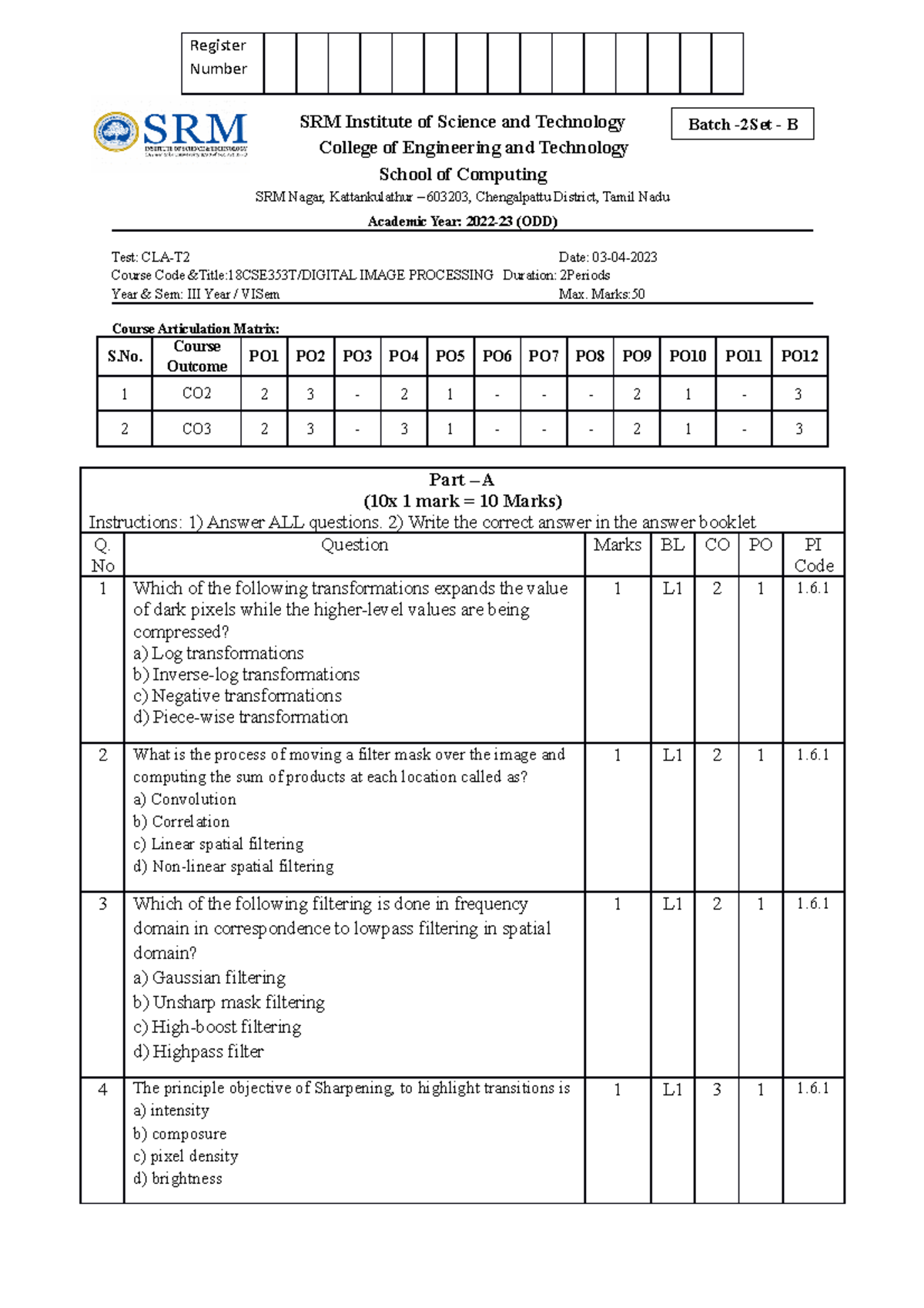 CLAT2 - Batch 2 SET B - YES - Register Number SRM Institute of Science and Technology College of ...