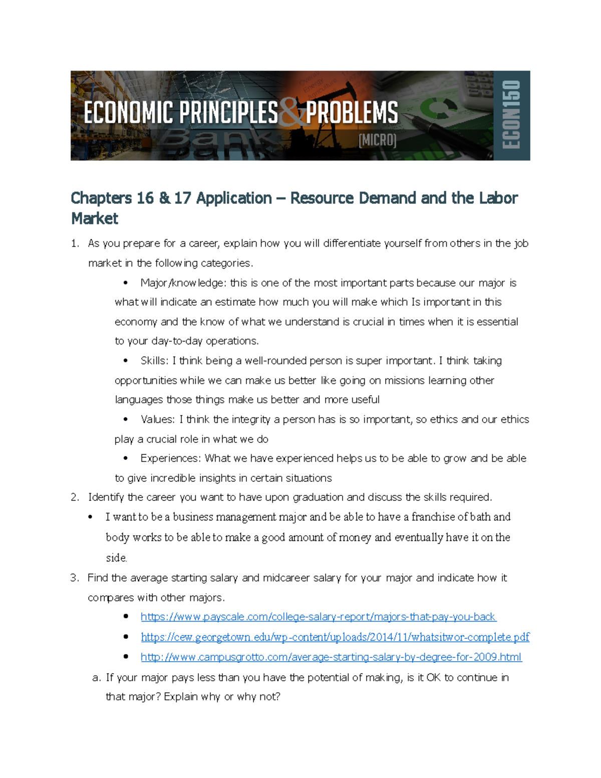Econ150 document application Chps 16And17 - Chapters 16 & 17 Application – Resource Demand and ...