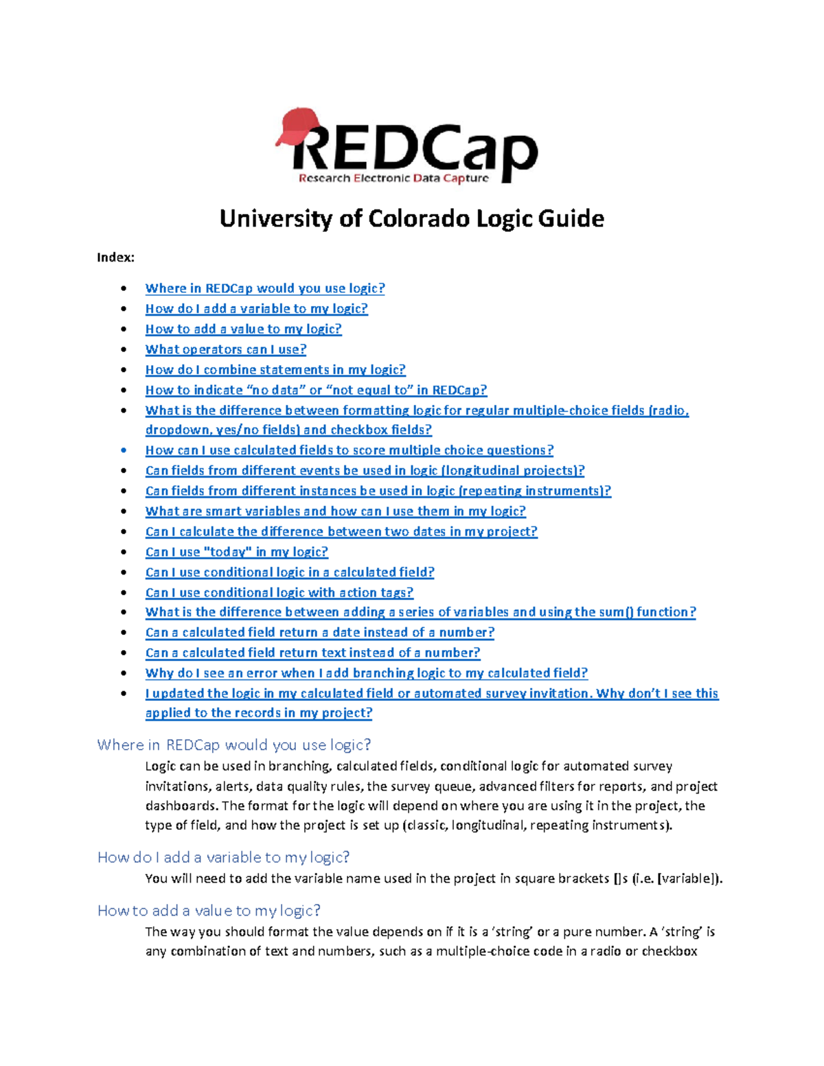 REDCap Logic Guide - University of Colorado Logic Guide Index: Where in ...