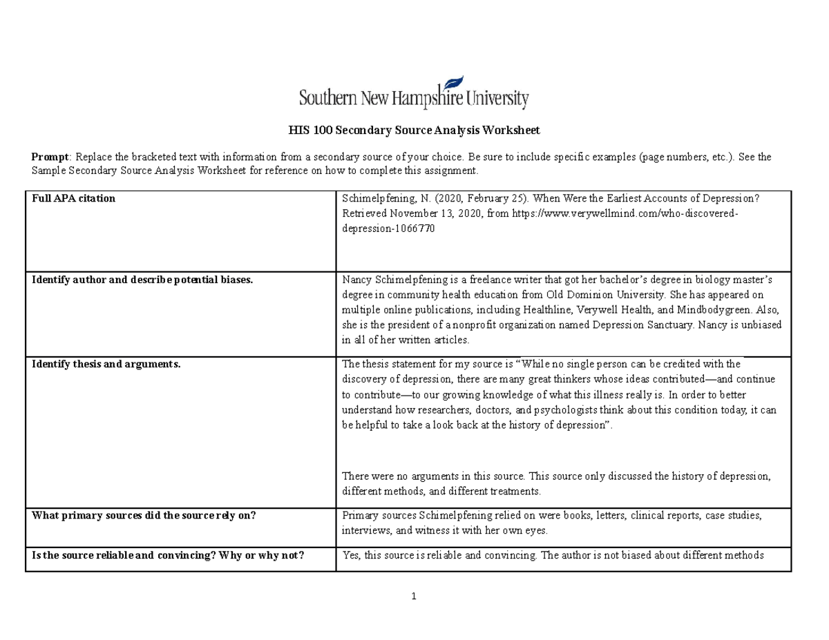HIS 100 Secondary Source Analysis Worksheet - HIS 100 Secondary Source ...