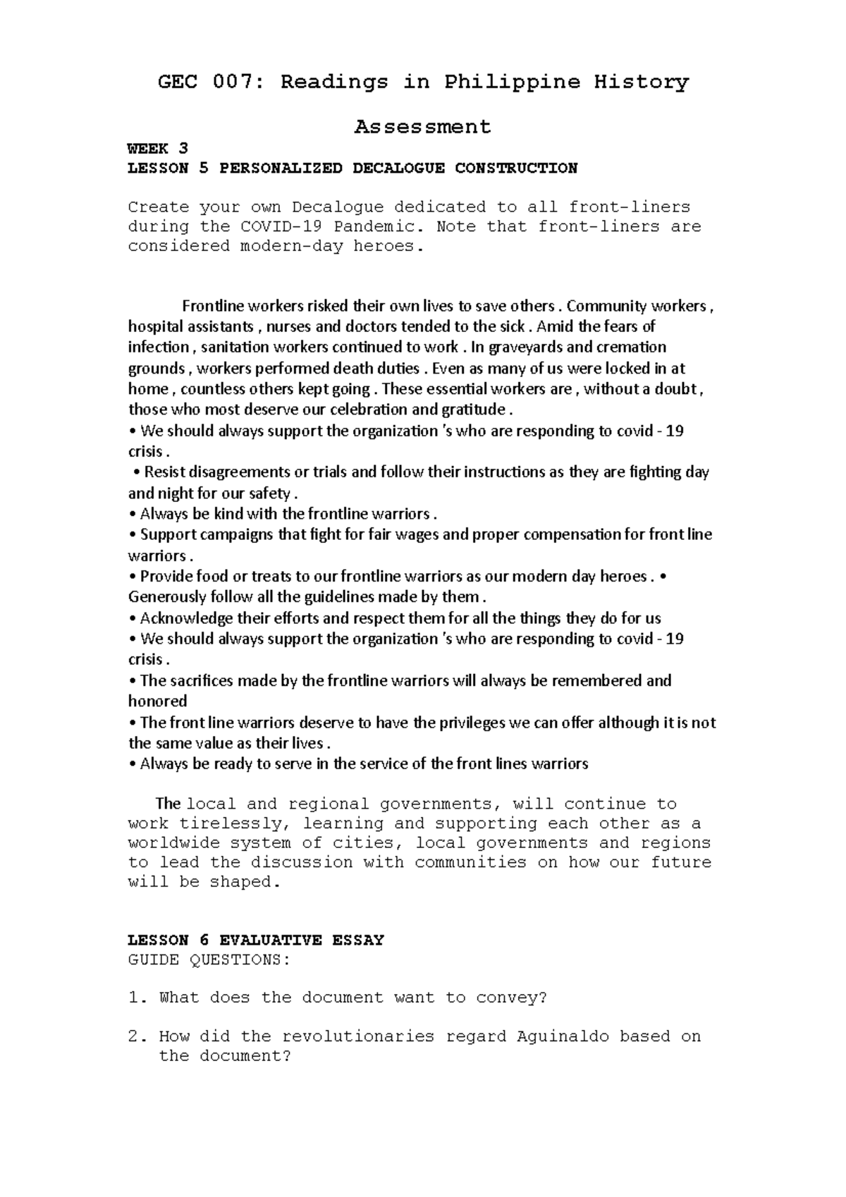 WEEK-3- Assessment - N.a - GEC 007: Readings in Philippine History ...