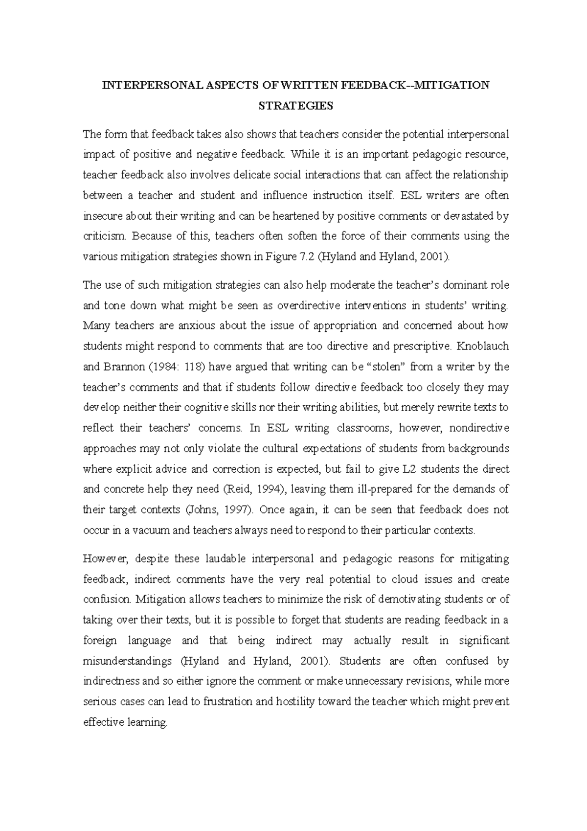 Interpersonal Aspects OF Written Feedback- Mitigation Strategies ...