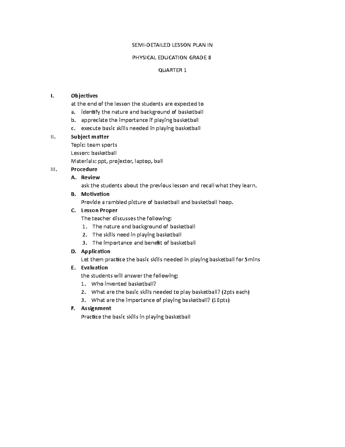 Basketball lessonplan - SEMI-DETAILED LESSON PLAN IN PHYSICAL EDUCATION ...