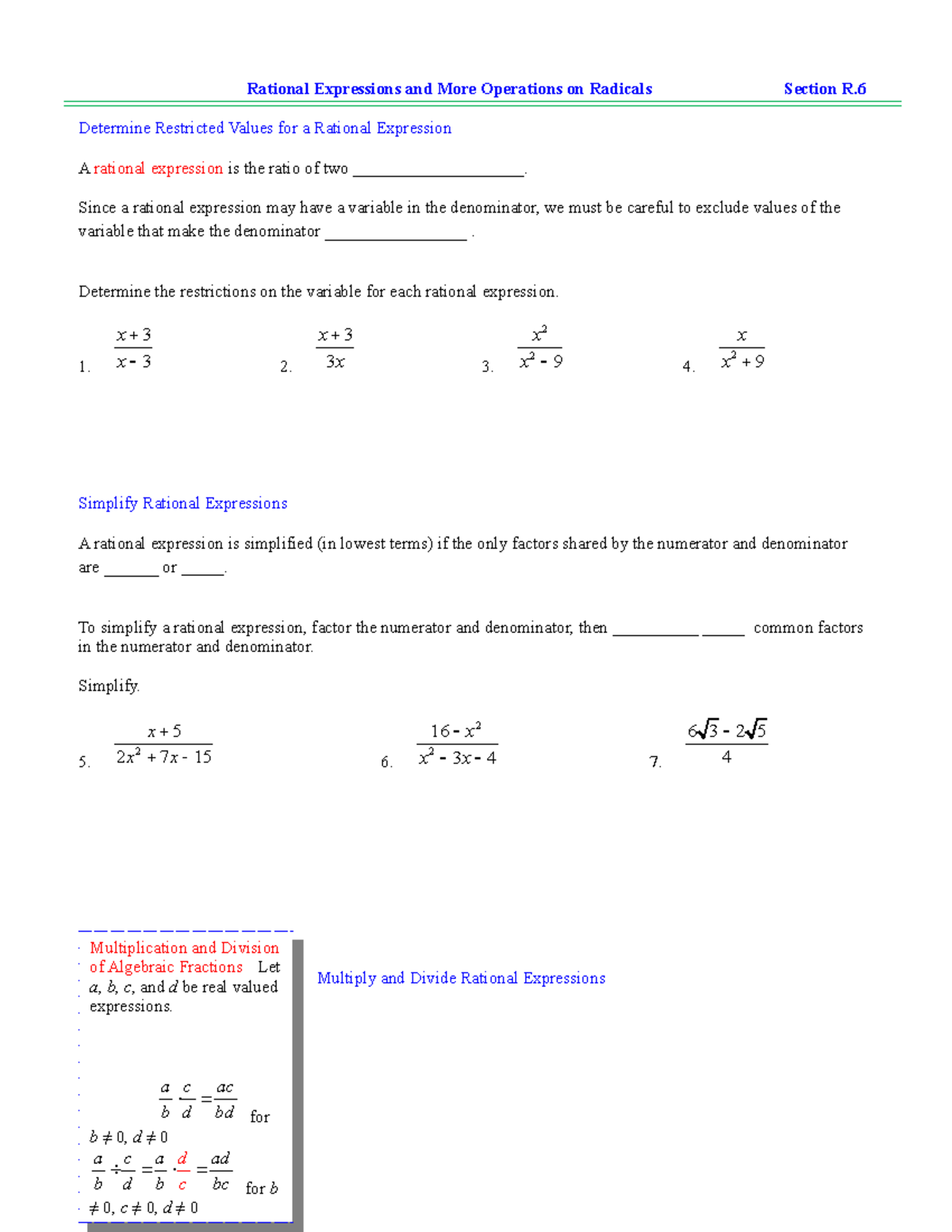 section r6 print out - Rational Expressions and More Operations on ...