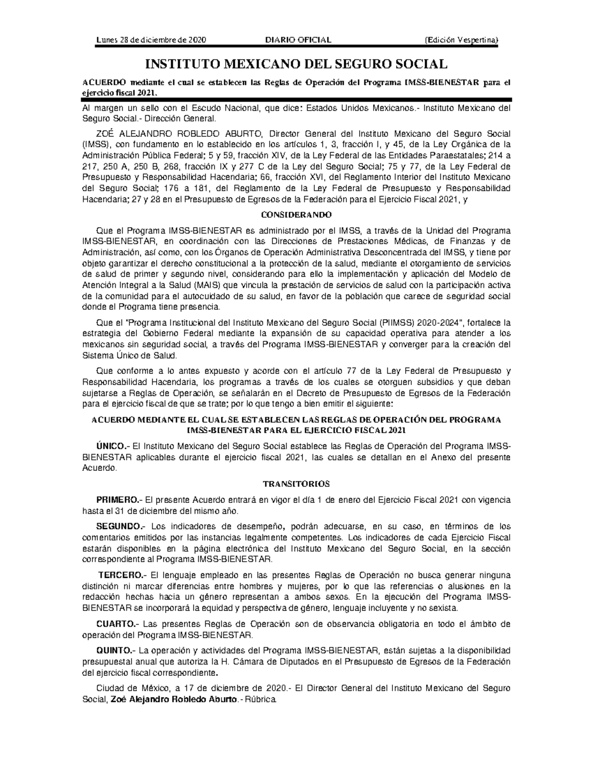 ROP 2021 PIB - Ninguno - Lunes 28 de diciembre de 2020 DIARIO OFICIAL (Edición Vespertina ...