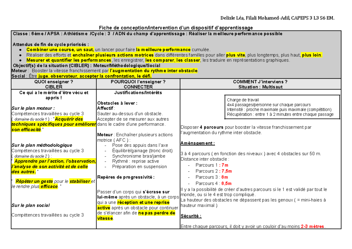 Fiche de conception, athlétisme, haies-longueurs - Delisle Léa, Filali ...