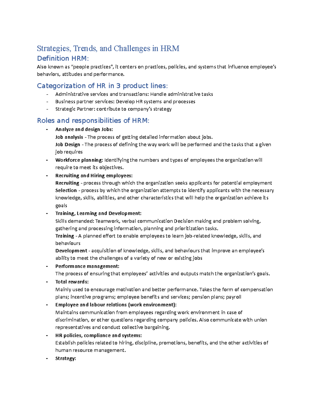 COMM 203 Notes chapters - Strategies, Trends, and Challenges in HRM ...