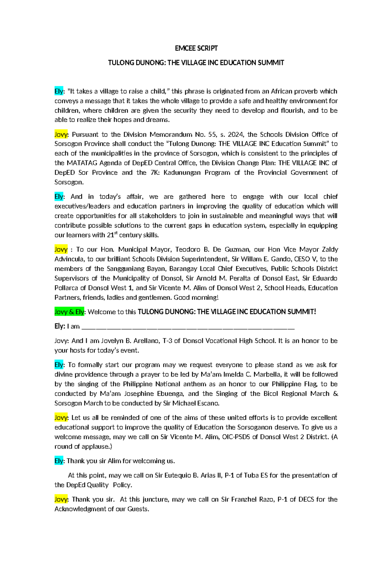 Script-THE Village INC. EDUC Summit - EMCEE SCRIPT TULONG DUNONG: THE ...