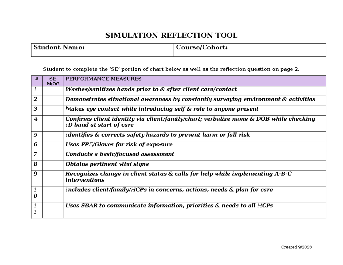 Simulation Reflection Tool - SIMULATION REFLECTION TOOL Student Name ...