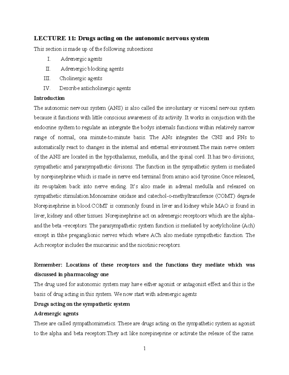 Lecture 11-ANS Drugs - LECTURE 11: Drugs acting on the autonomic ...