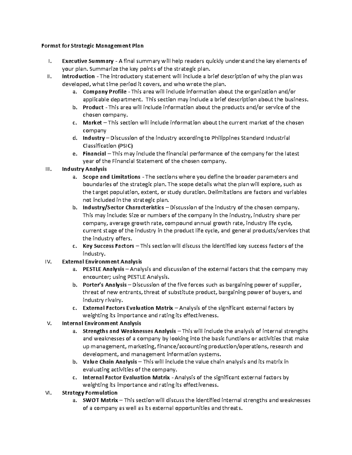 Final Format for Strategic Management Plan - Format for Strategic ...
