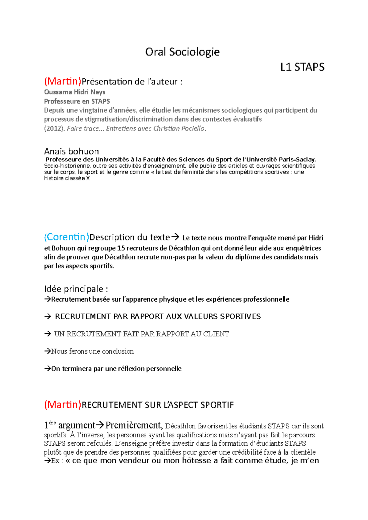Oral Sociologie Décathlon - Oral Sociologie L1 STAPS (Martin ...