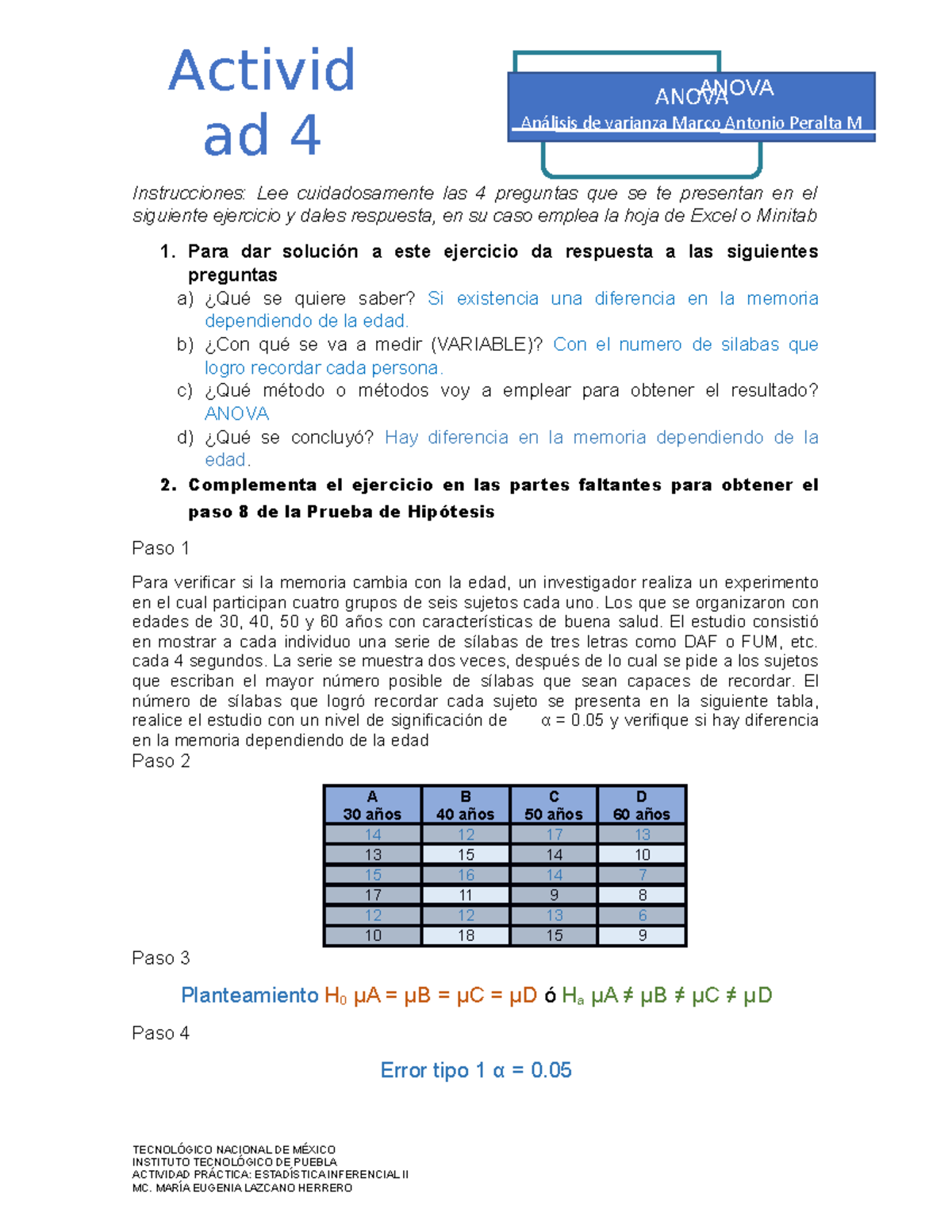 Actividad 4 - Ejercicio - ANOVA Análisis de varianza Marco Antonio Peralta M Instrucciones: Lee ...