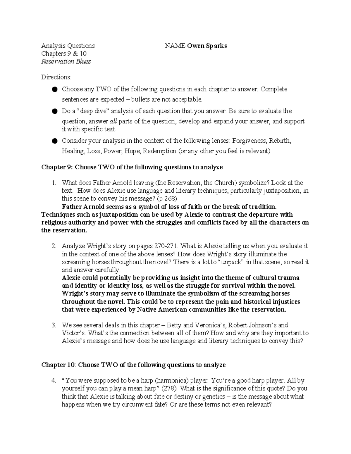 Owen Sparks - Analysis Questions chaps 9 and 10 2024 - Analysis ...