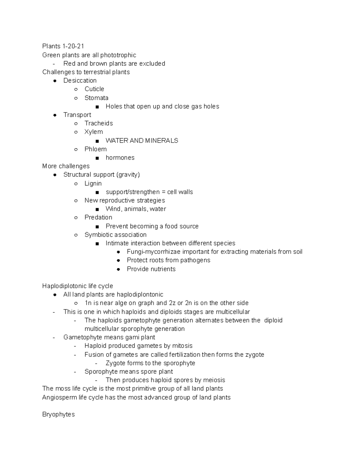 Biology Exam Study Lecture Notes BIO 1106 - Plants 1-20- Green plants ...