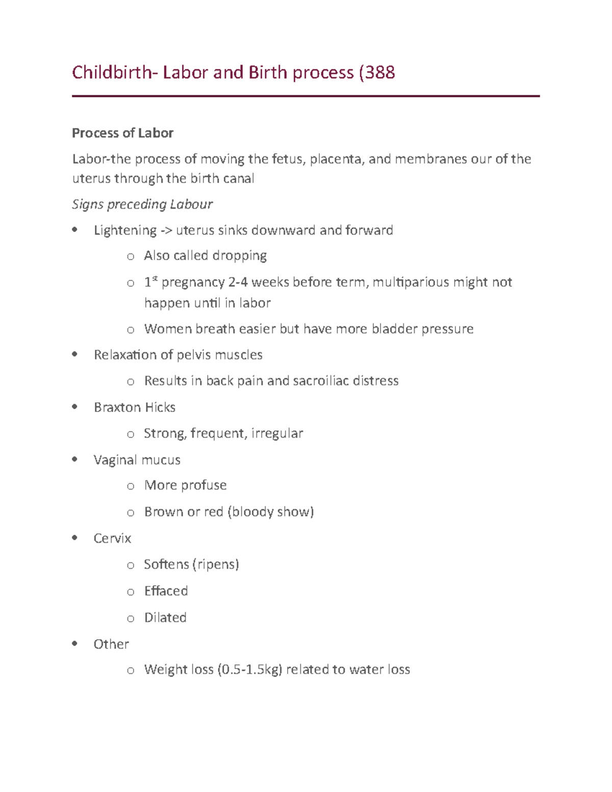 Notes from reading related to Childbirth case - Childbirth- Labor and ...