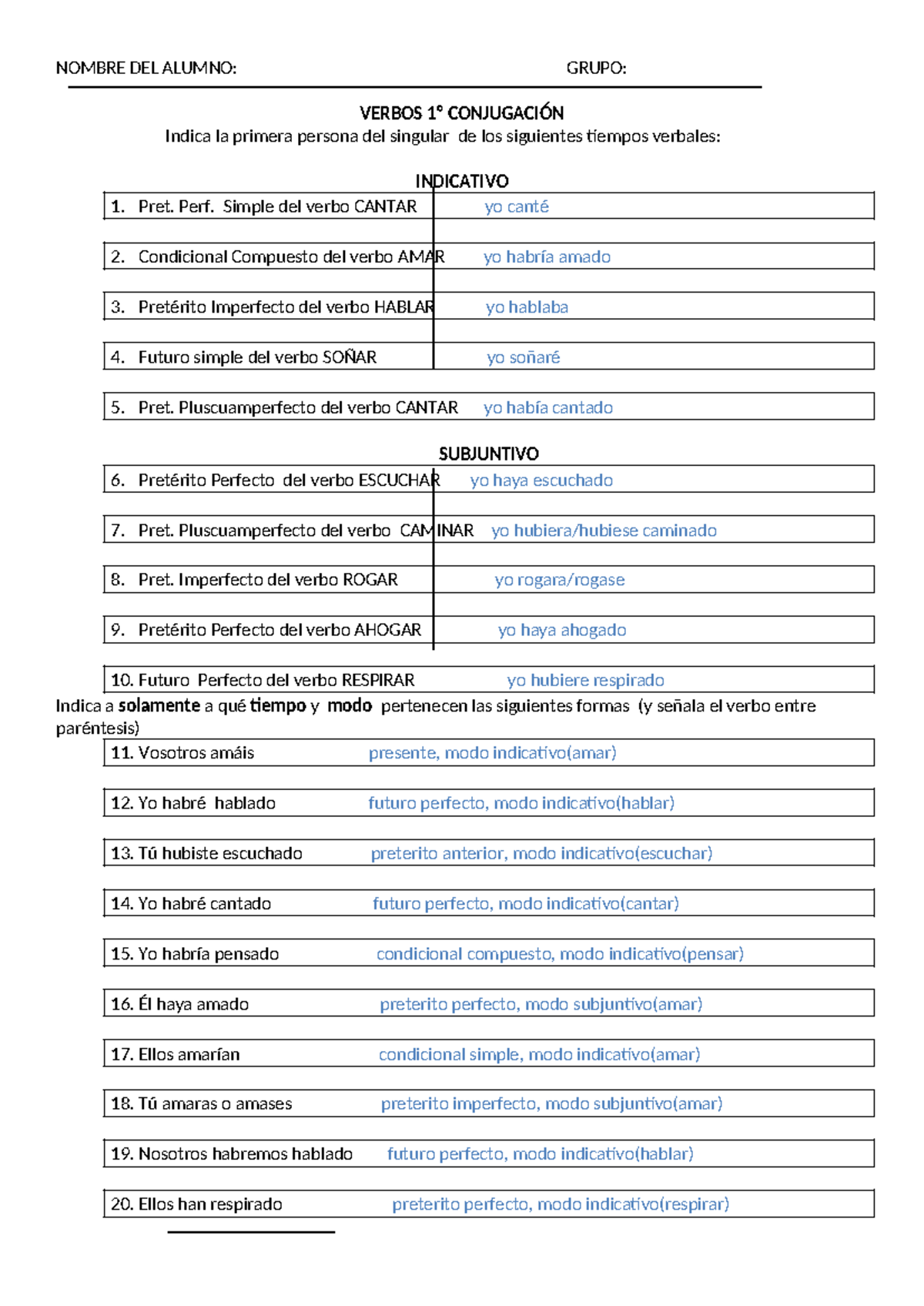 Repaso de verbos 1º conjugación(hecho) - NOMBRE DEL ALUMNO: GRUPO ...