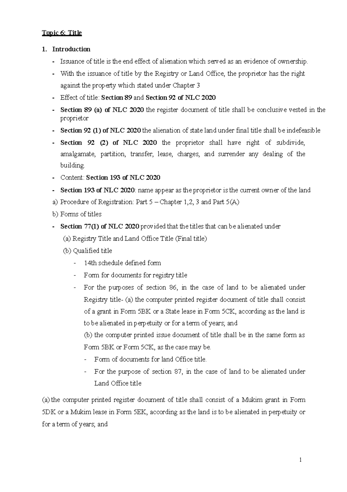 Chapter 6 Land title (complete) - 1 Topic 6: Title Introduction ...