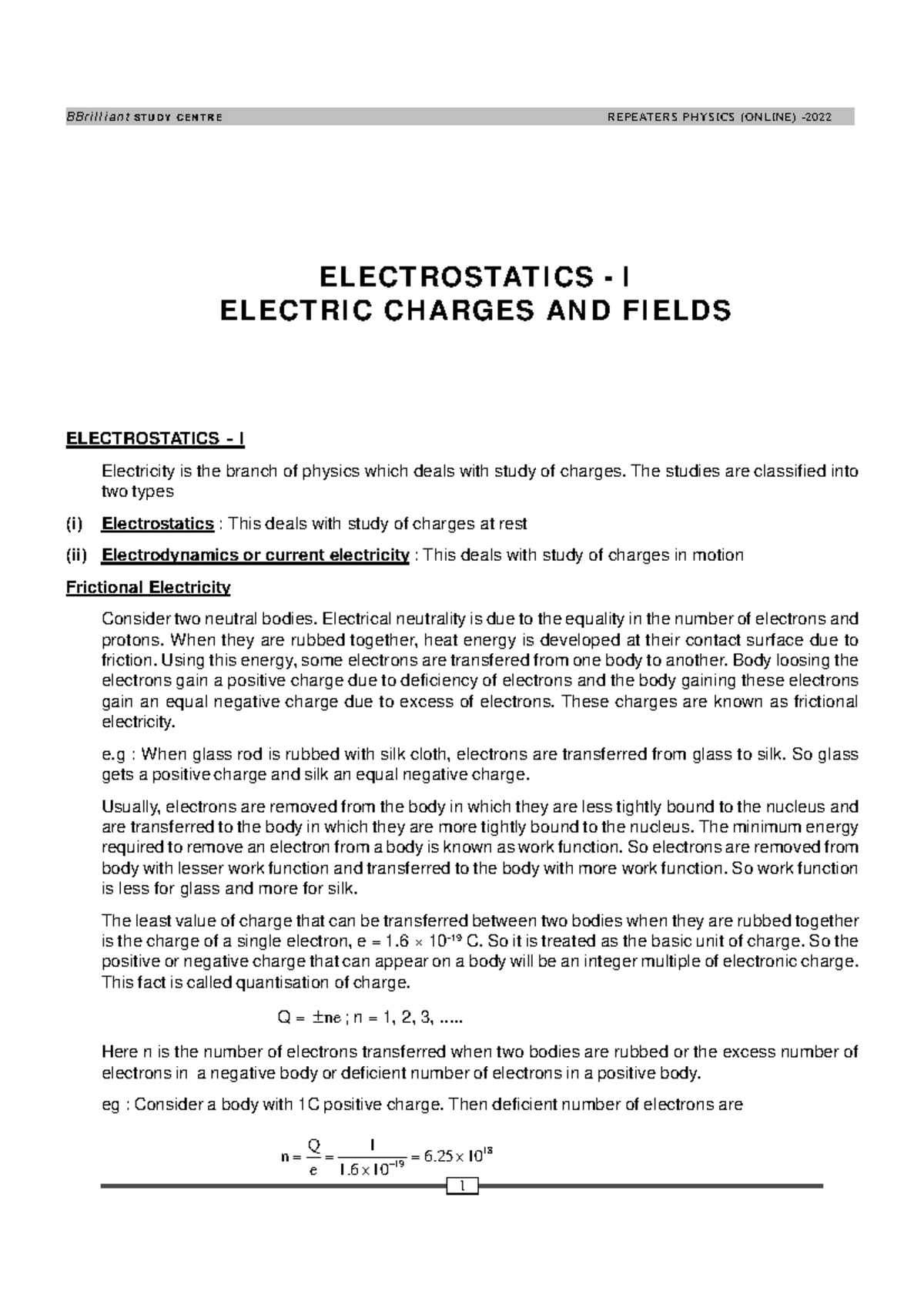 Electric charges and fields - BBrilliant STUDY CENTRE REPEATERS PHYSICS ...