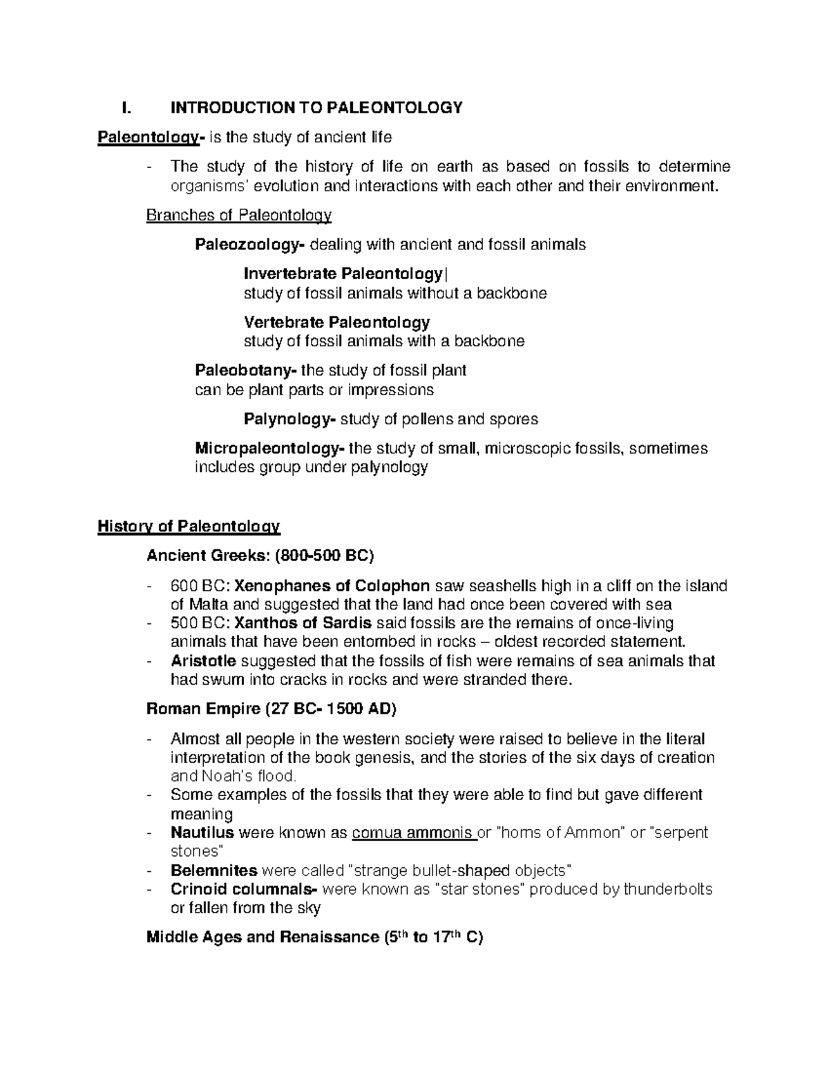 Introduction TO Paleontology - I. INTRODUCTION TO PALEONTOLOGY ...