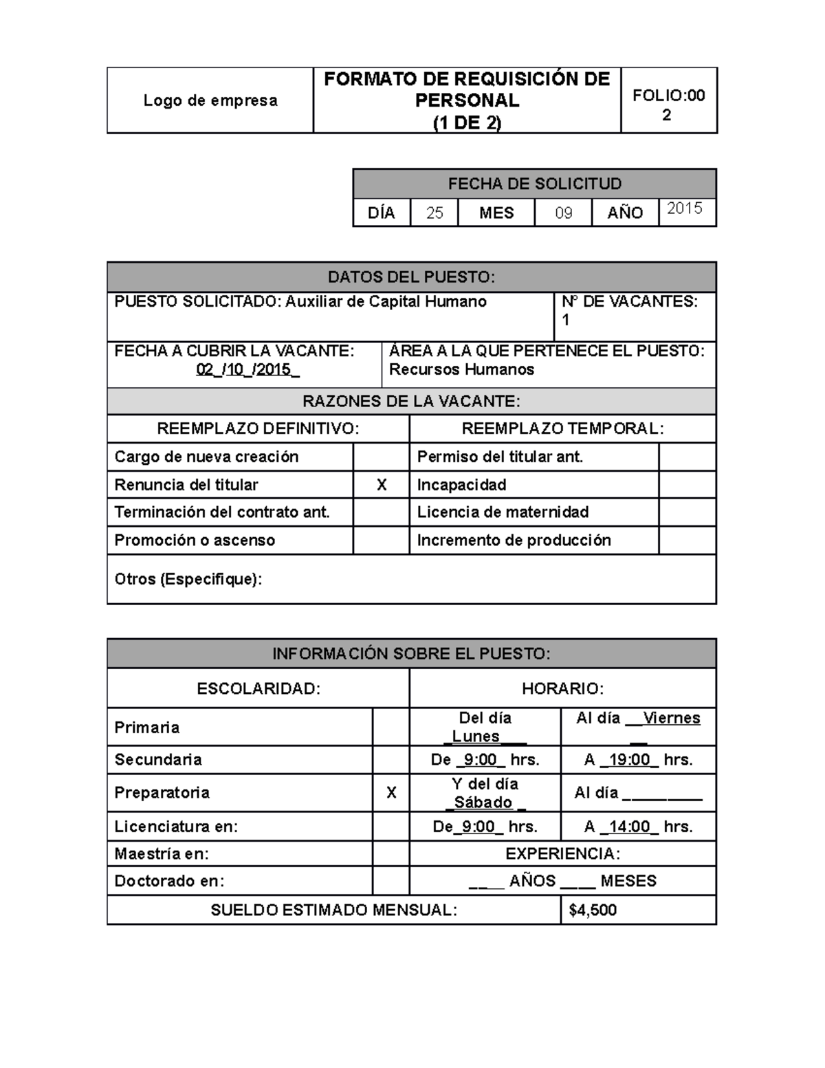Formato DE Requisicion DE Personal - Logo de empresa FORMATO DE ...