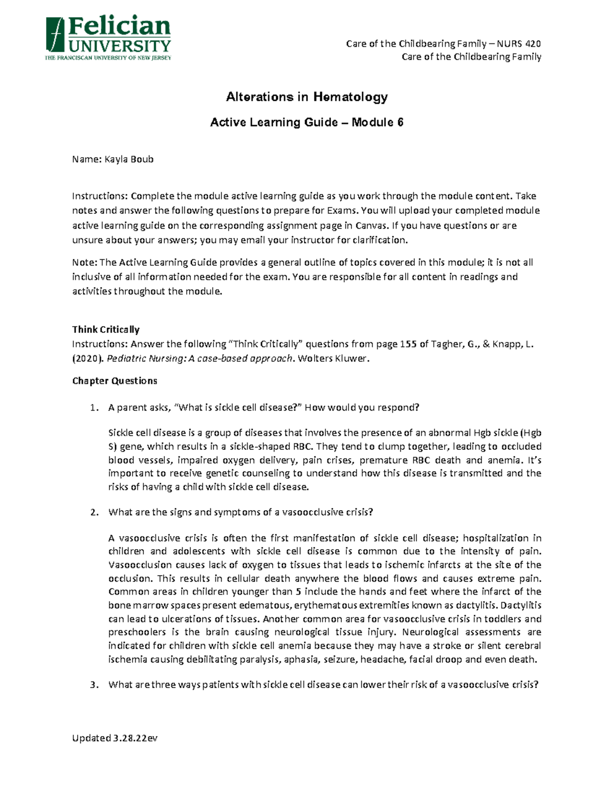 Alterations in Hematology Active Learning Guide - Studocu