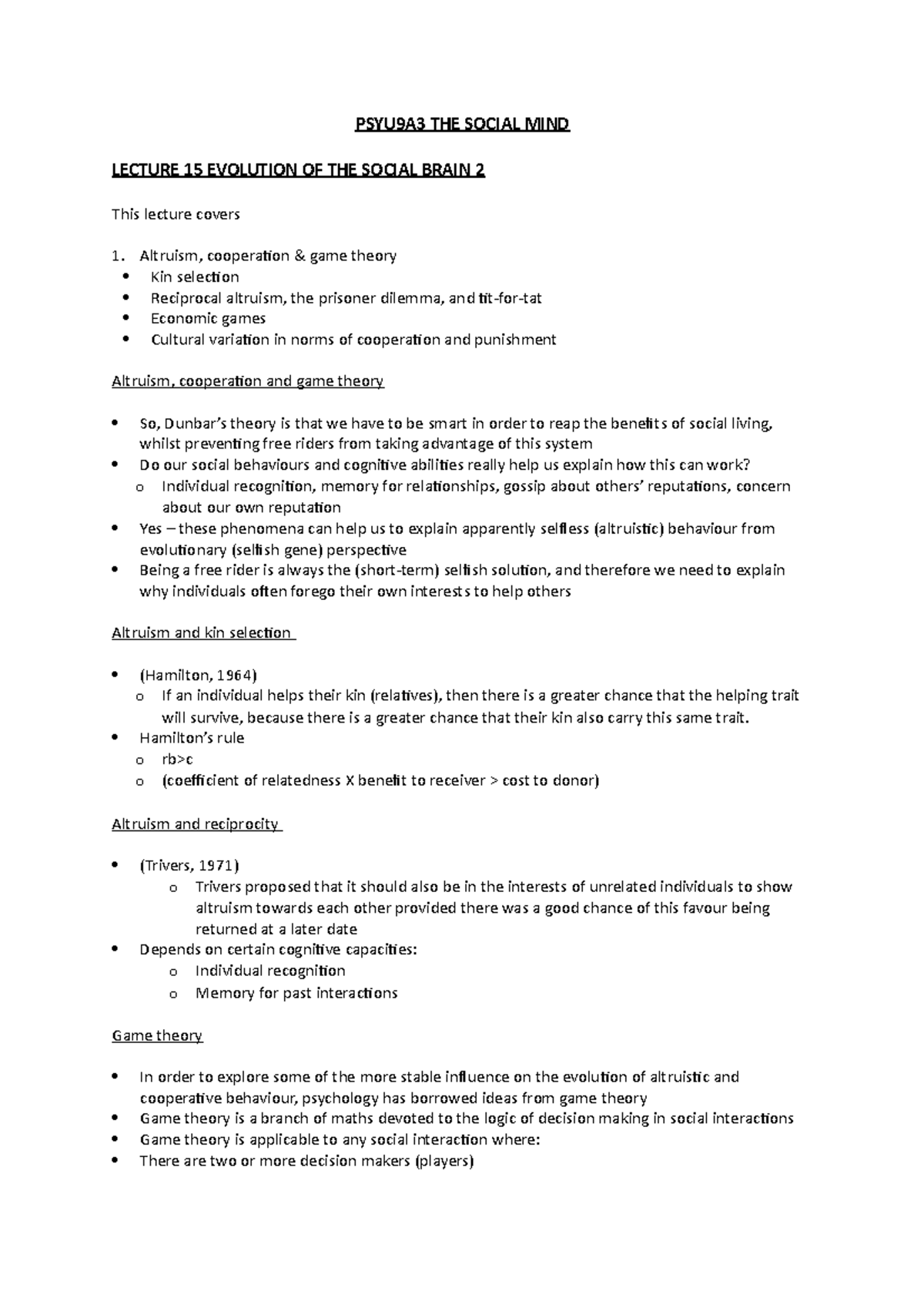 Lecture 15 Evolution OF THE Social Brain 2 - PSYU9A3 THE SOCIAL MIND ...