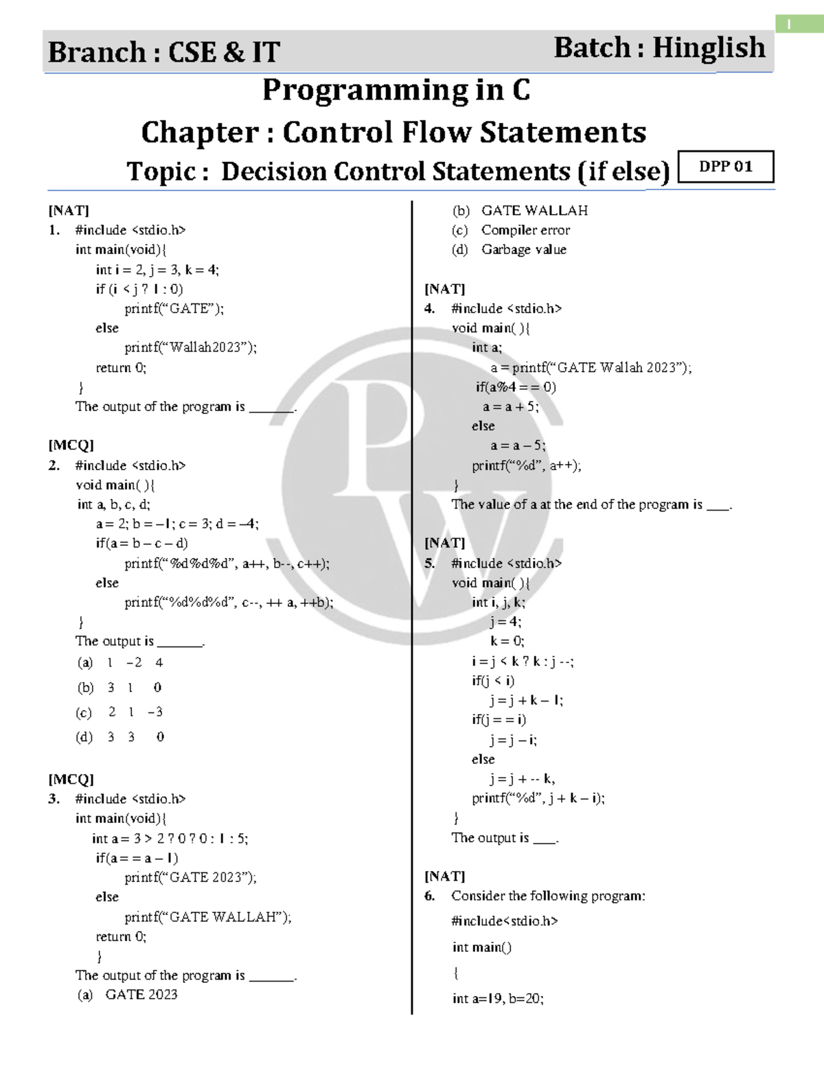 Control Flow Statements DPP 0163faff7cb136c300189986 fa - Branch : CSE ...