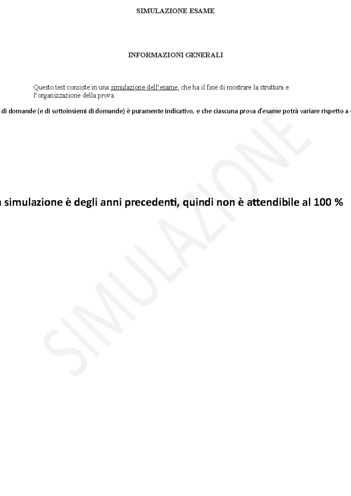 Simulazione Esame com e pers - SIMULAZIONE ESAME (e di sottoinsiemi di domande) è puramente ...
