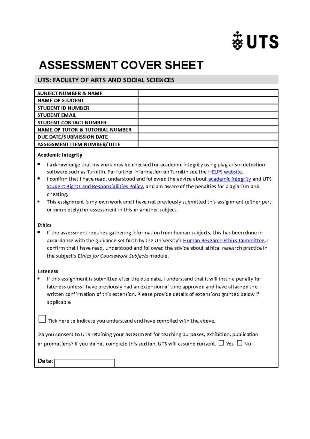 Uts fass assessment cover sheet 2023 v2 - ASSESSMENT COVER SHEET UTS ...