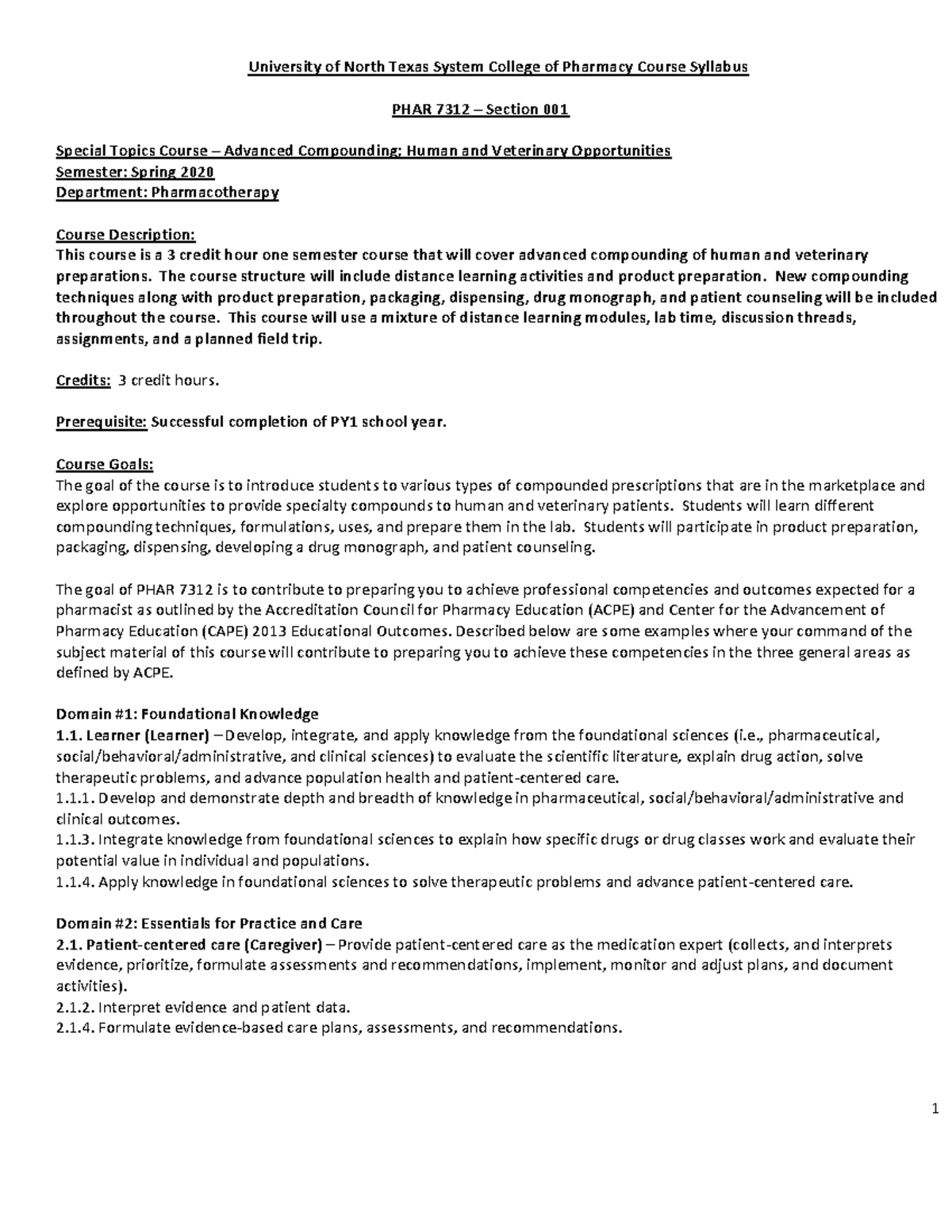 Syllabus PHAR 7312 Section 1 Adv CMPD Spring 2020 Final - University of North Texas System ...