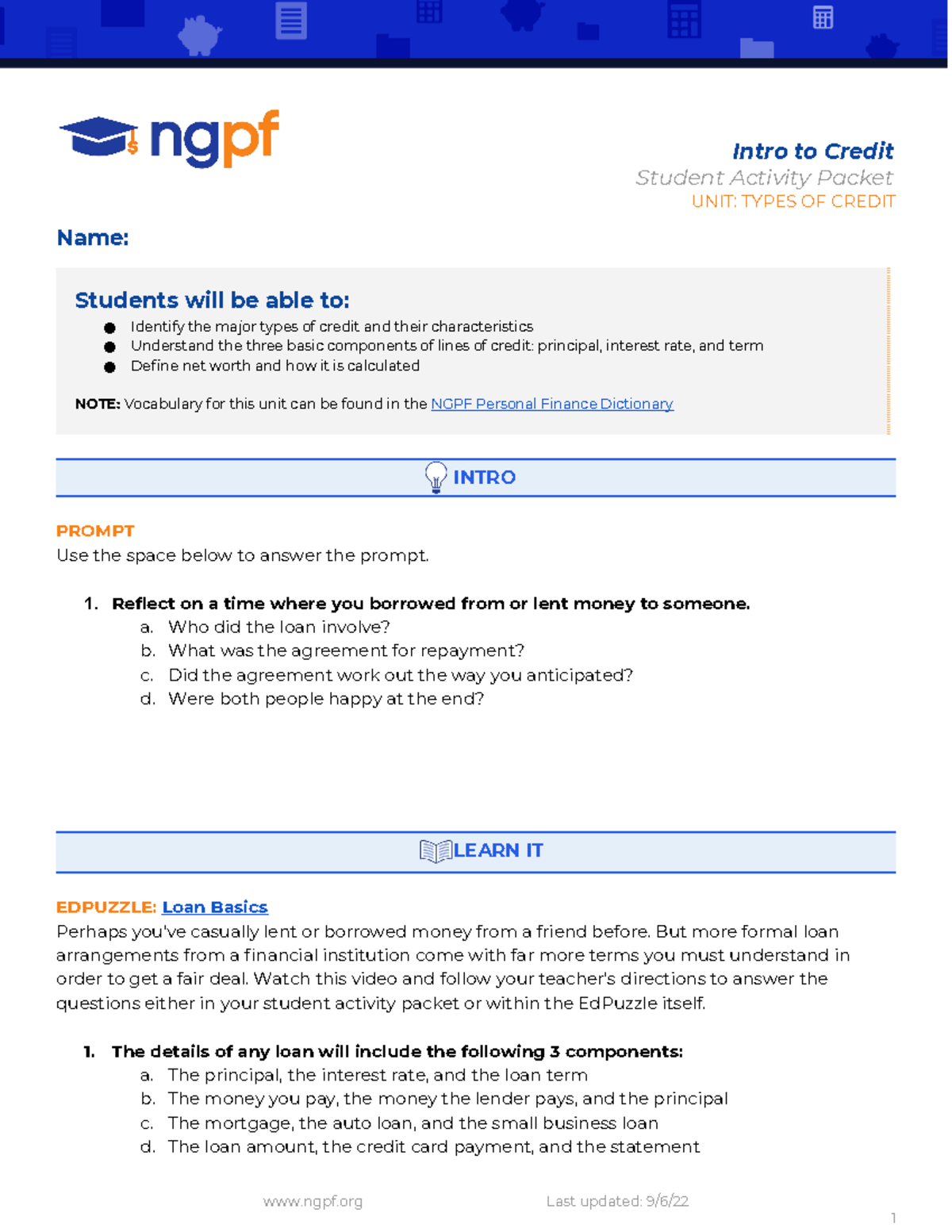 Topic 4 Lesson 1 Intro to Credit - Intro to Credit Student Activity ...