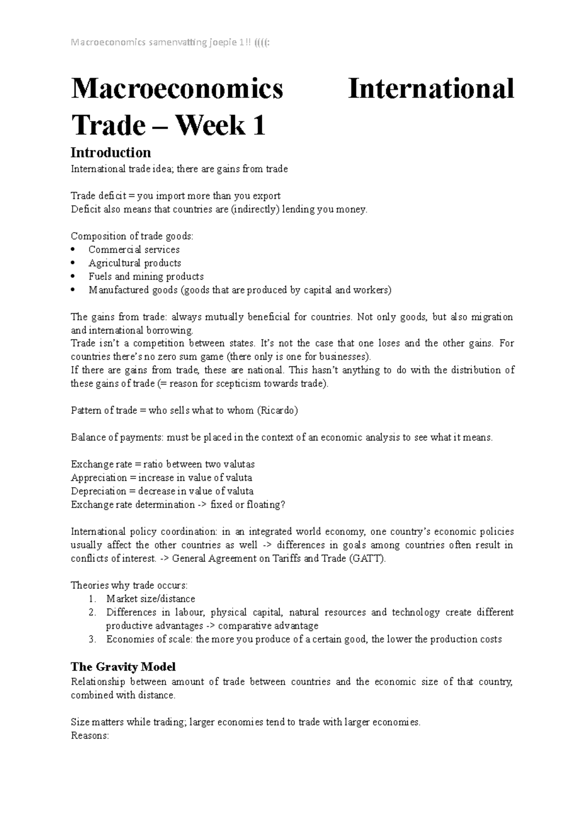 Summary w1+2 - sv week 1 en 2 - Macroeconomics International Trade – Week 1 Introduction ...