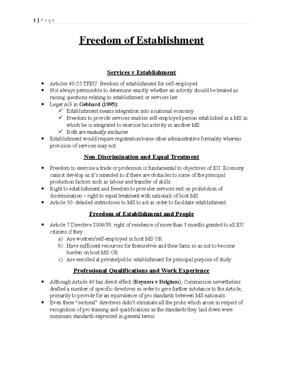 Freedom of Establishment summary with caselaw - Freedom of ...