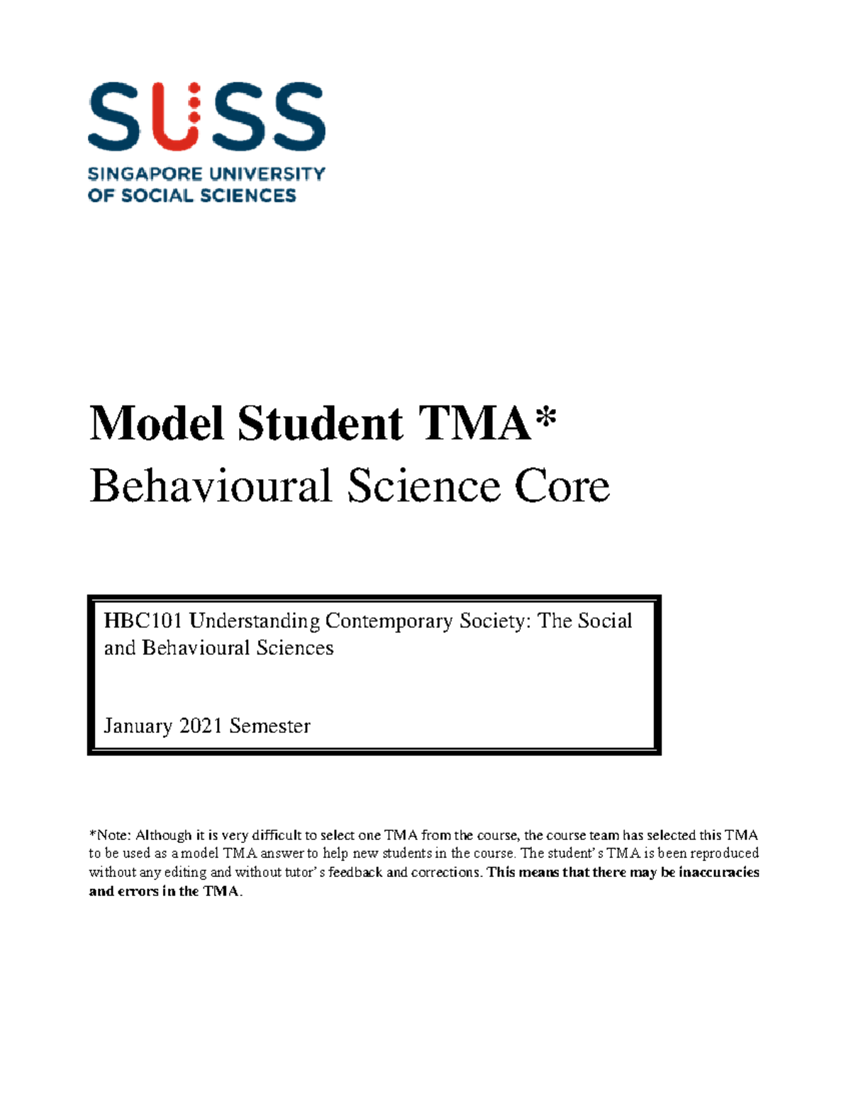 HBC101 Model TMA - Nil - Model Student TMA* Behavioural Science Core ...