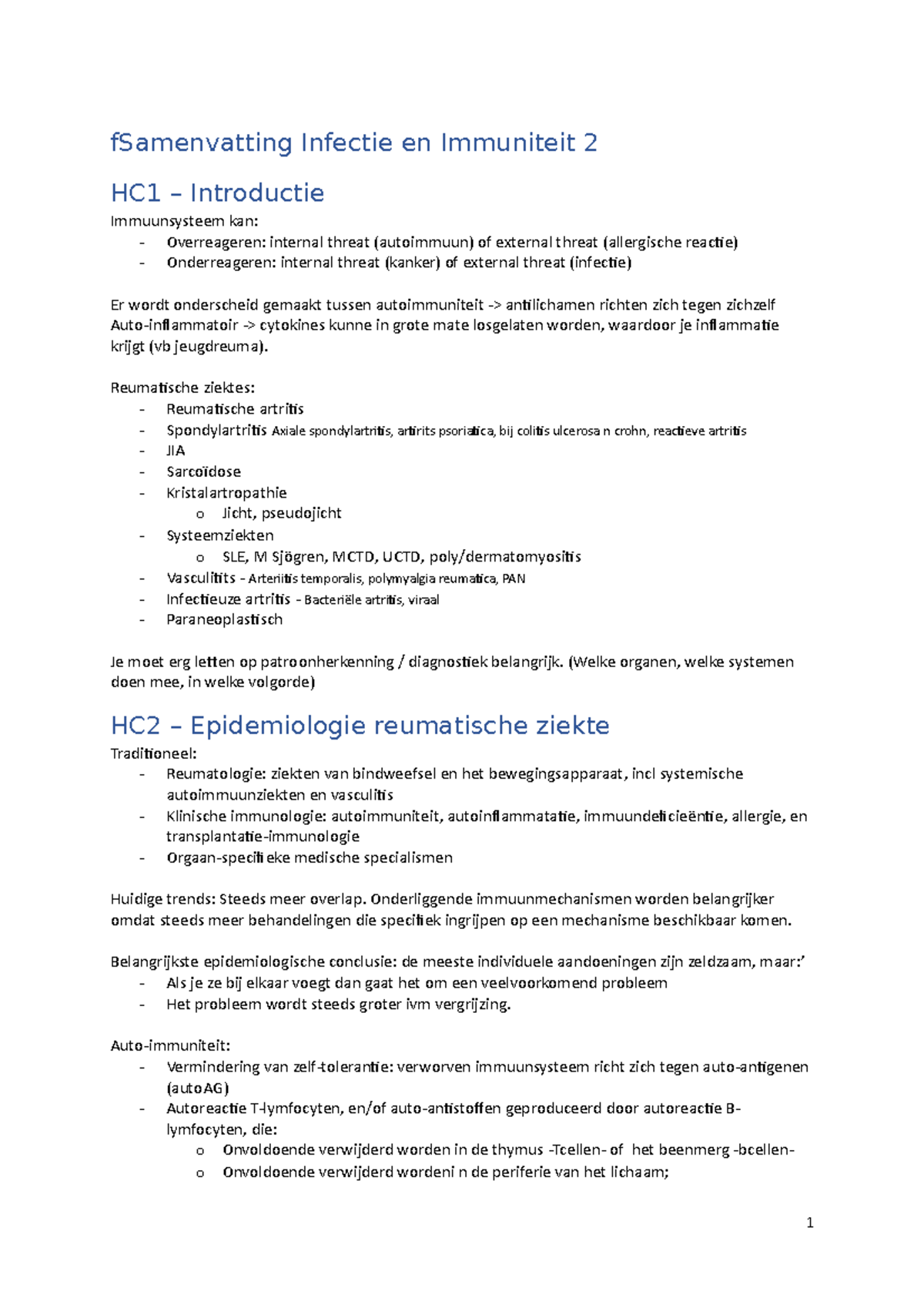 Samenvatting Infectie en Immuniteit 2 - Reumatische ziektes ...