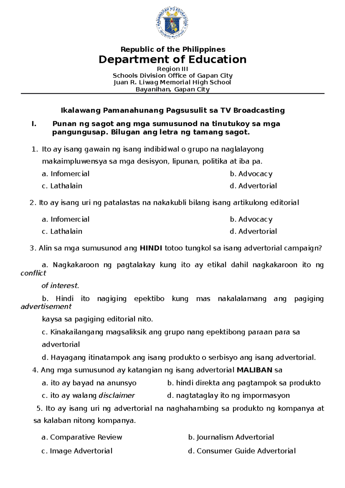 Ikalawang Pamanahunang Pagsusulit TV Broadcast - Republic of the ...