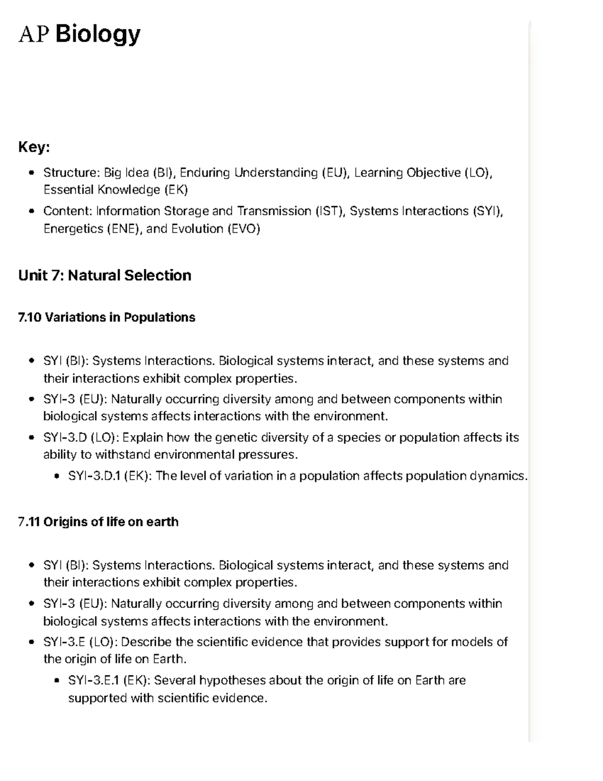 AP Biology Study Guide Unit 7 and 8 - AP Biology Key: Structure: Big ...