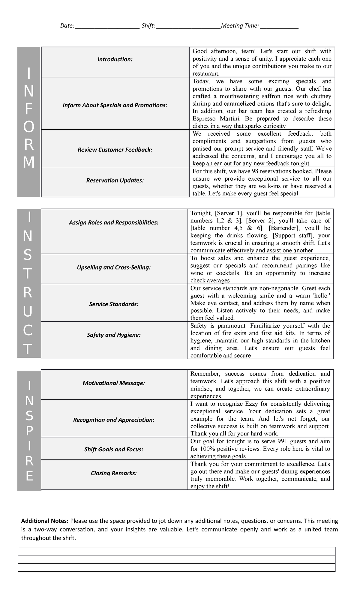 PRE- Shift FORM - Date: ____________________ Shift ...