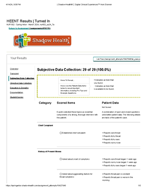 Shadow Health Heent Transcript 2024 - HEENT Results | Turned In NUR 602 ...