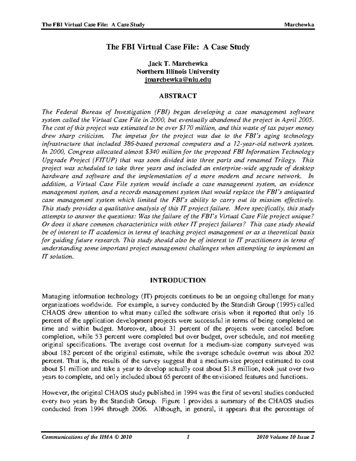 Case 1 Marchewka - 2010 - FBI IT Failure - The FBI Virtual Case File: A ...