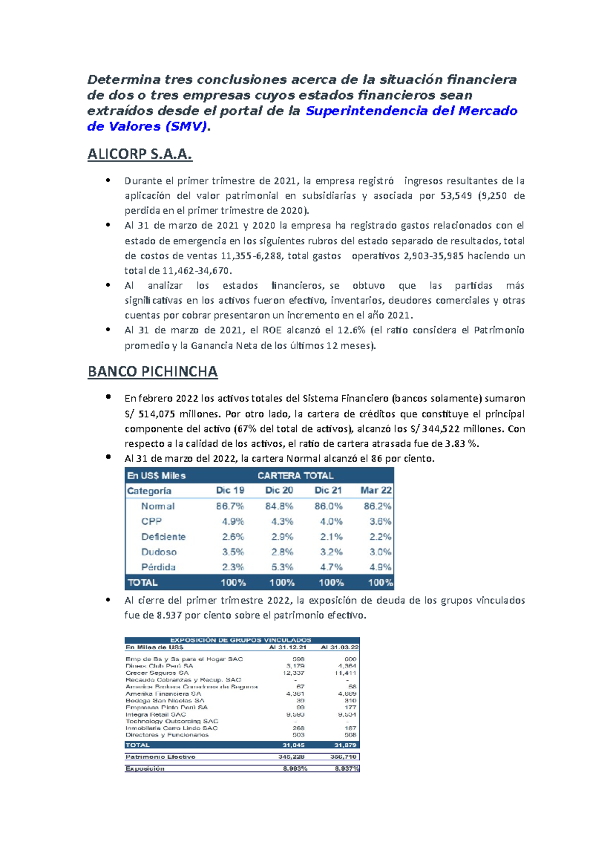 Determina tres conclusiones acerca de la situación financiera de dos o ...