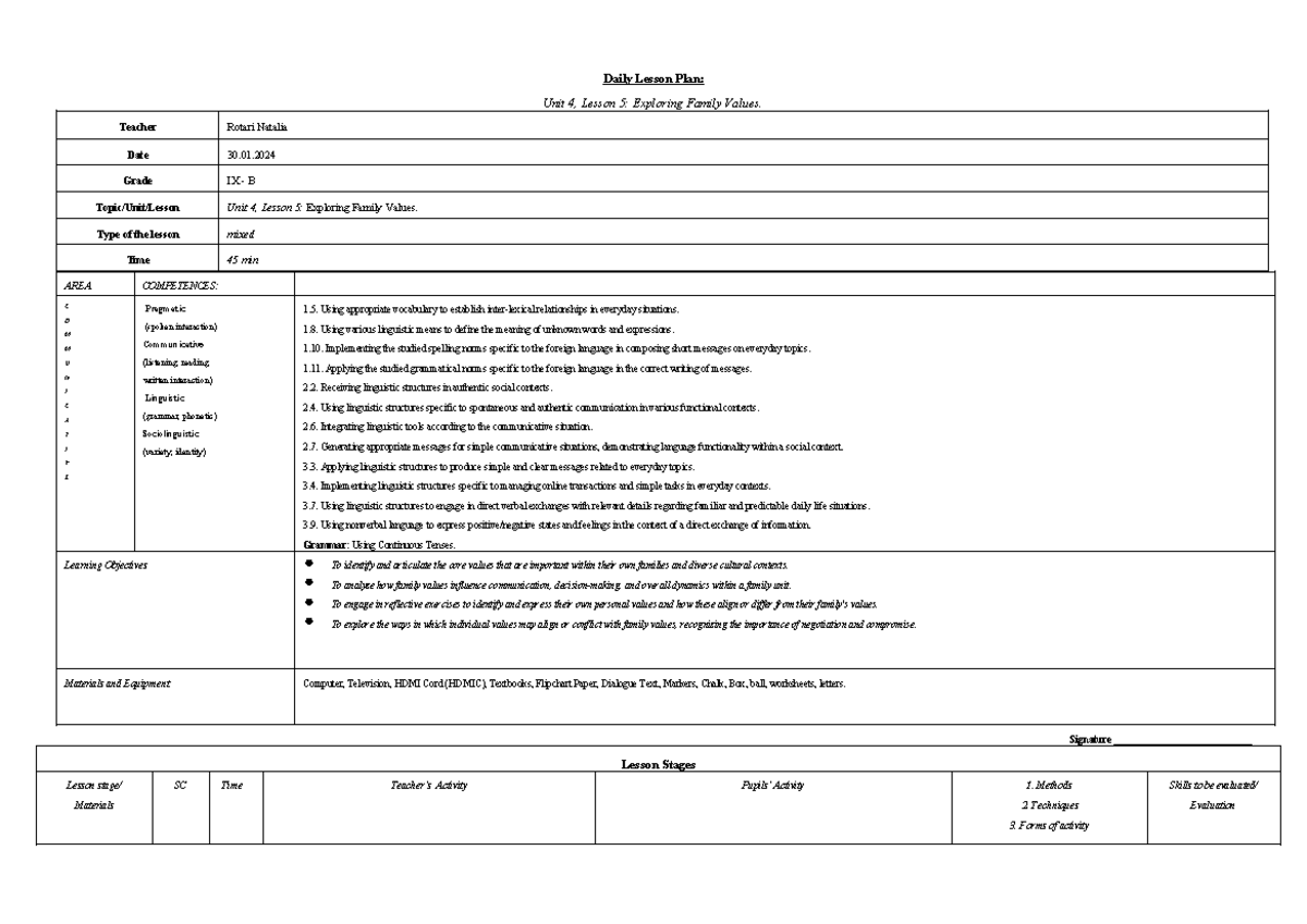 Exploring Family Values 9 B - Teacher Rotari Natalia Date 30. Grade IX ...